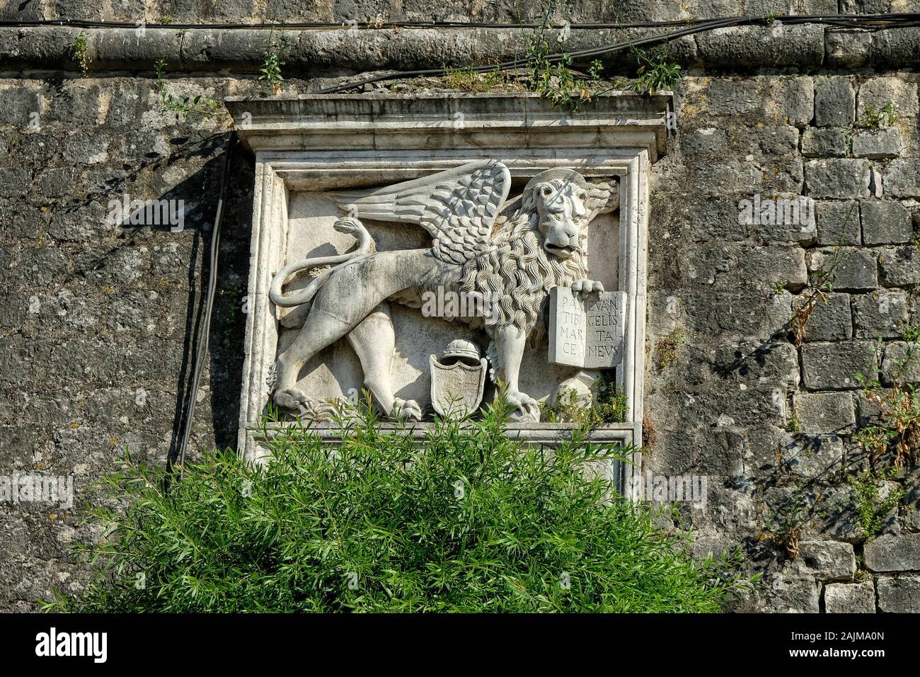 Medieval relief on the city wall of Old Kotor in Montenegro Stock Photo ...