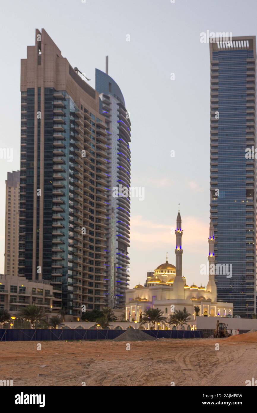 DUBAI, UAE - DECEMBER 27 2017: View trough buildings of the small ...