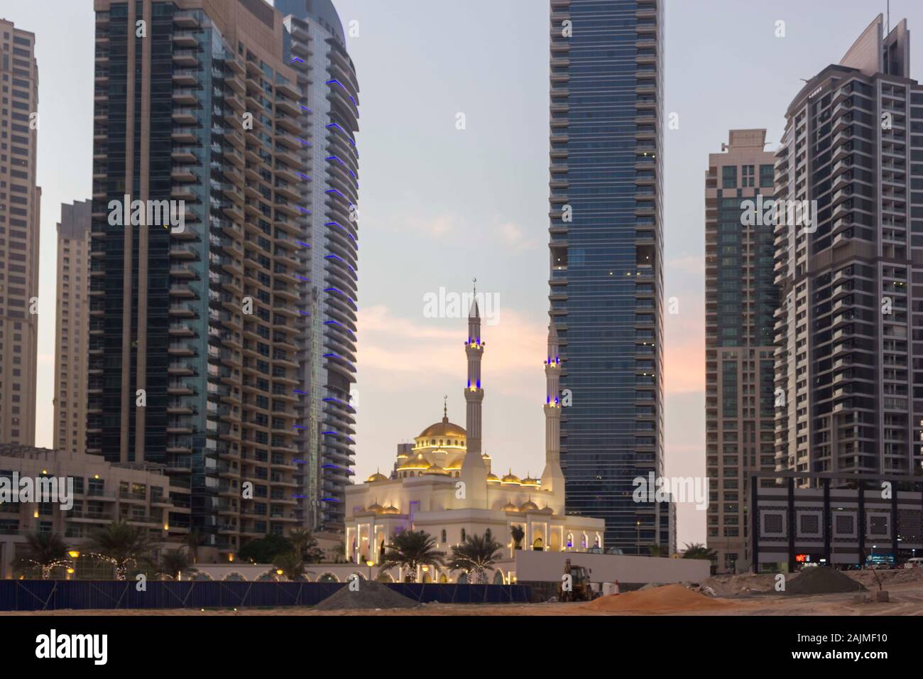 DUBAI, UAE - DECEMBER 27 2017: View trough buildings of the small ...