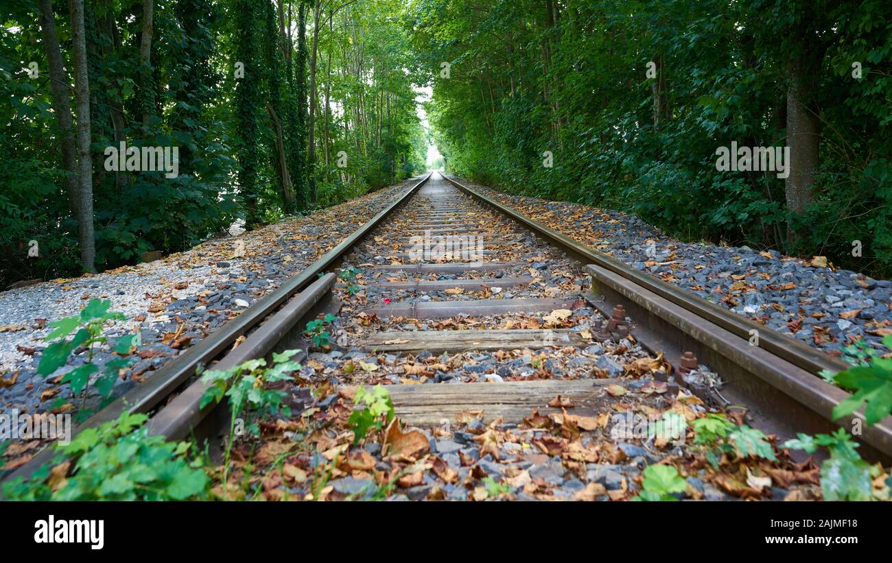Low angle shot of railway tracks going off into the distance in a ...