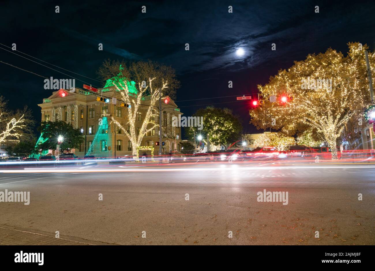 View of Downtown Georgetown Texas With Full Moon in the Night Sky Stock ...