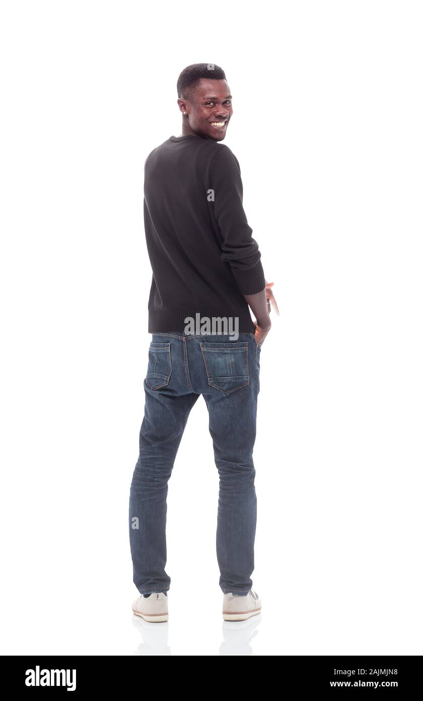 casual man looking at blank white screen. isolated on white Stock Photo ...