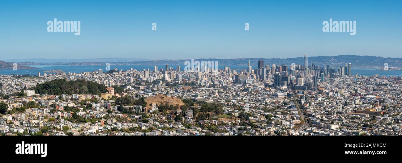 Wide Angle Panorama of Downtown San Francisco With Clear Blue Skies ...