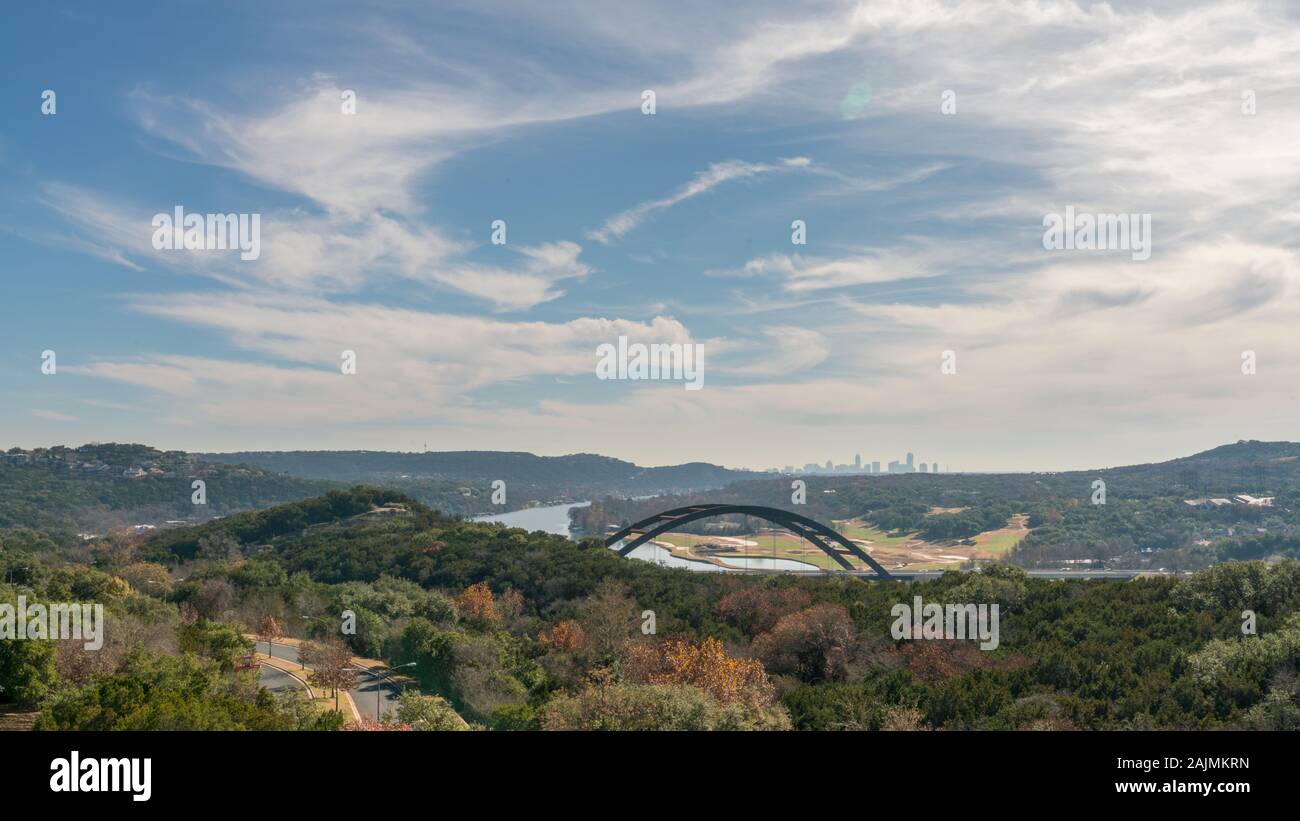 Wide Angle Aerial View of the 360 Bridge with Downtown Austin in the ...