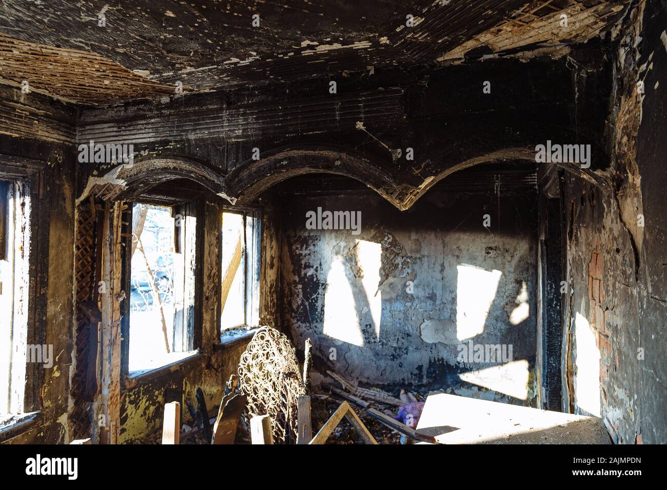 Burnt old rural house interior. Consequences of fire Stock Photo - Alamy