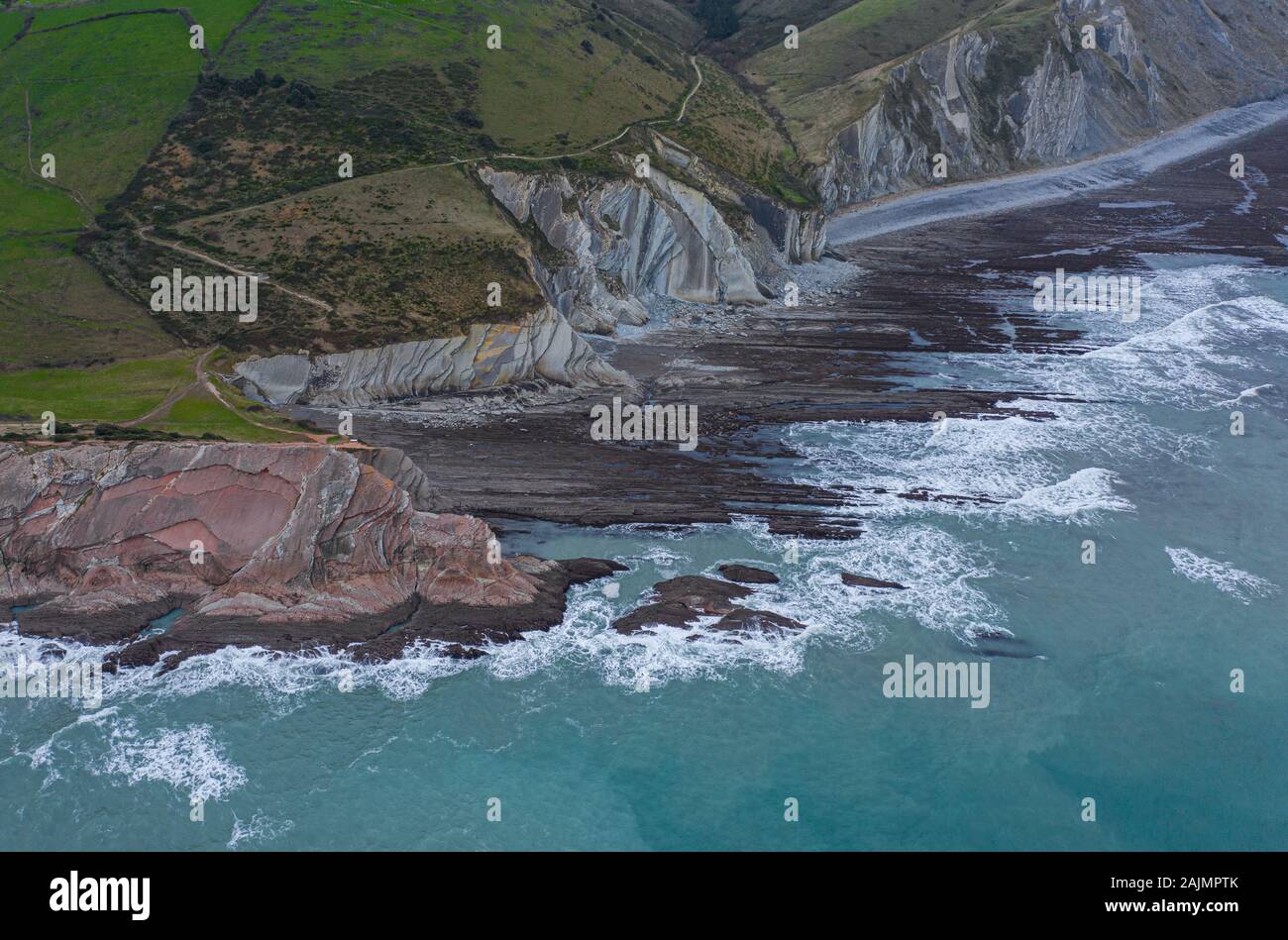 Zumaia and Algorri geological strata layers drone aerial view panorama ...