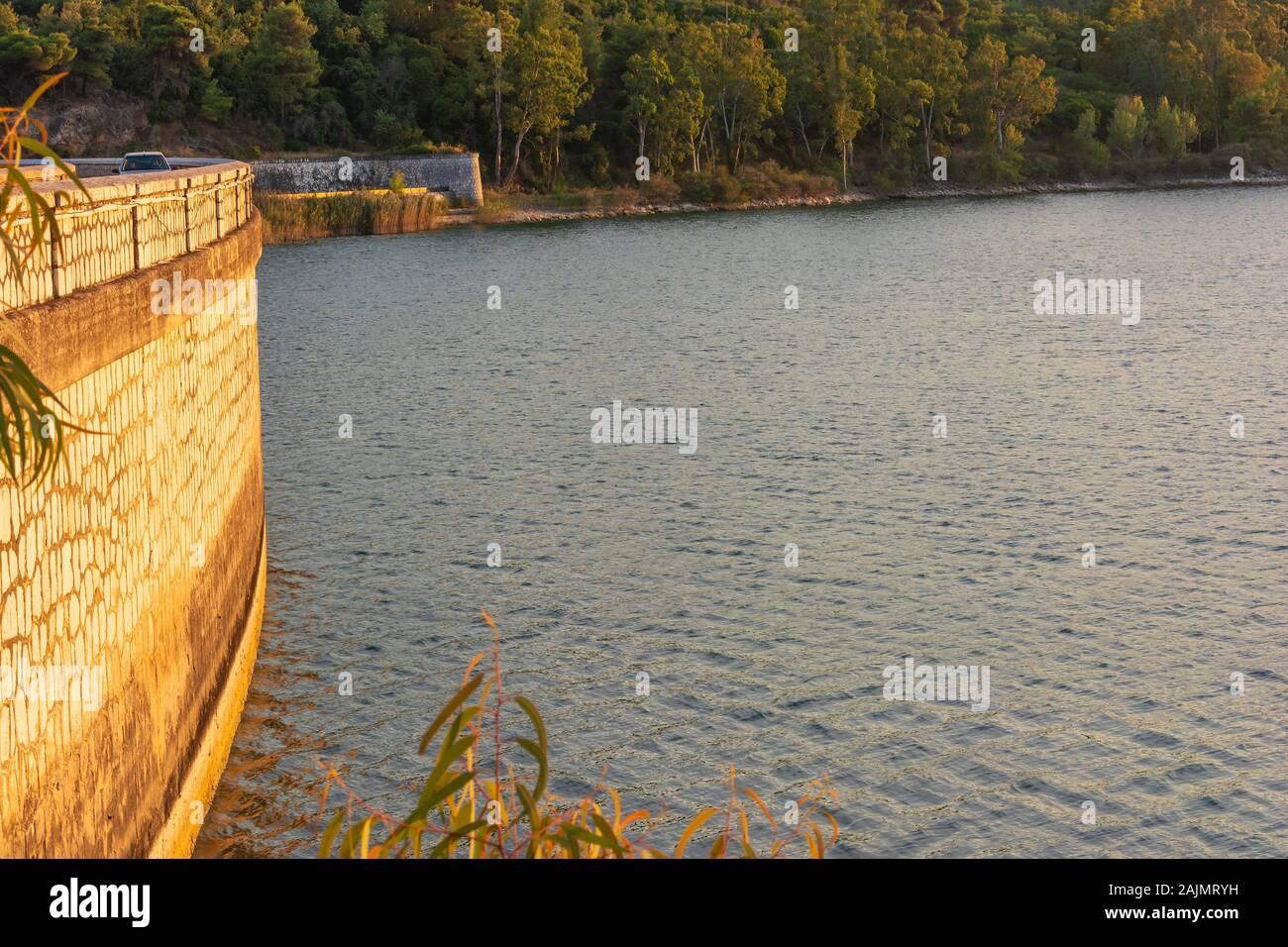 Lake Marathon and dam on a autumn evening, Attica, Greece Stock Photo ...
