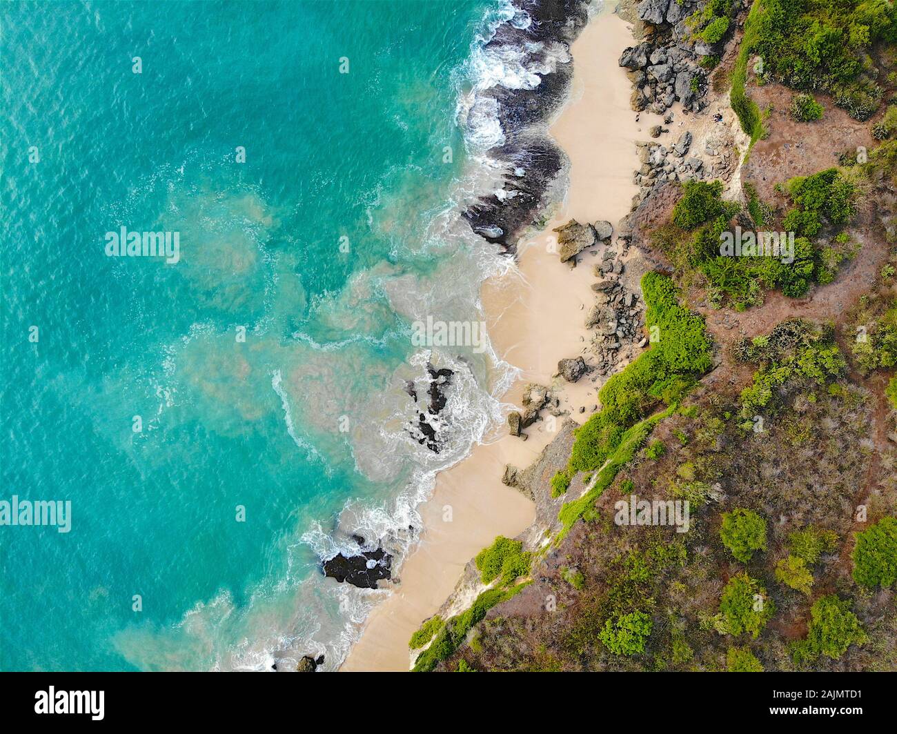 Aerial view of sand beach with rocks and green cliff, top view of a ...