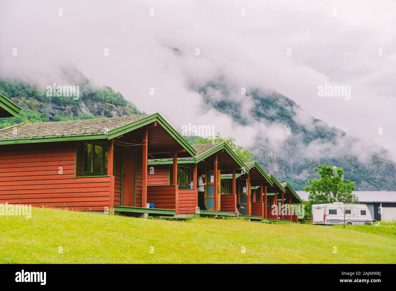 Traditional red camping houses in Lunde Camping, Norway July 21, 2019 ...