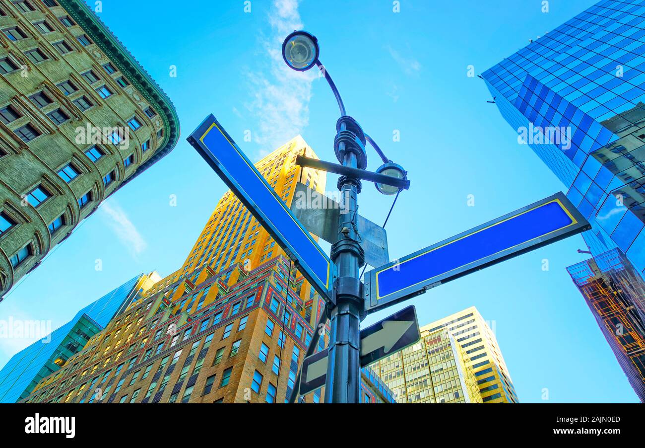 Road signs in Midtown Manhattan with reflex Stock Photo - Alamy