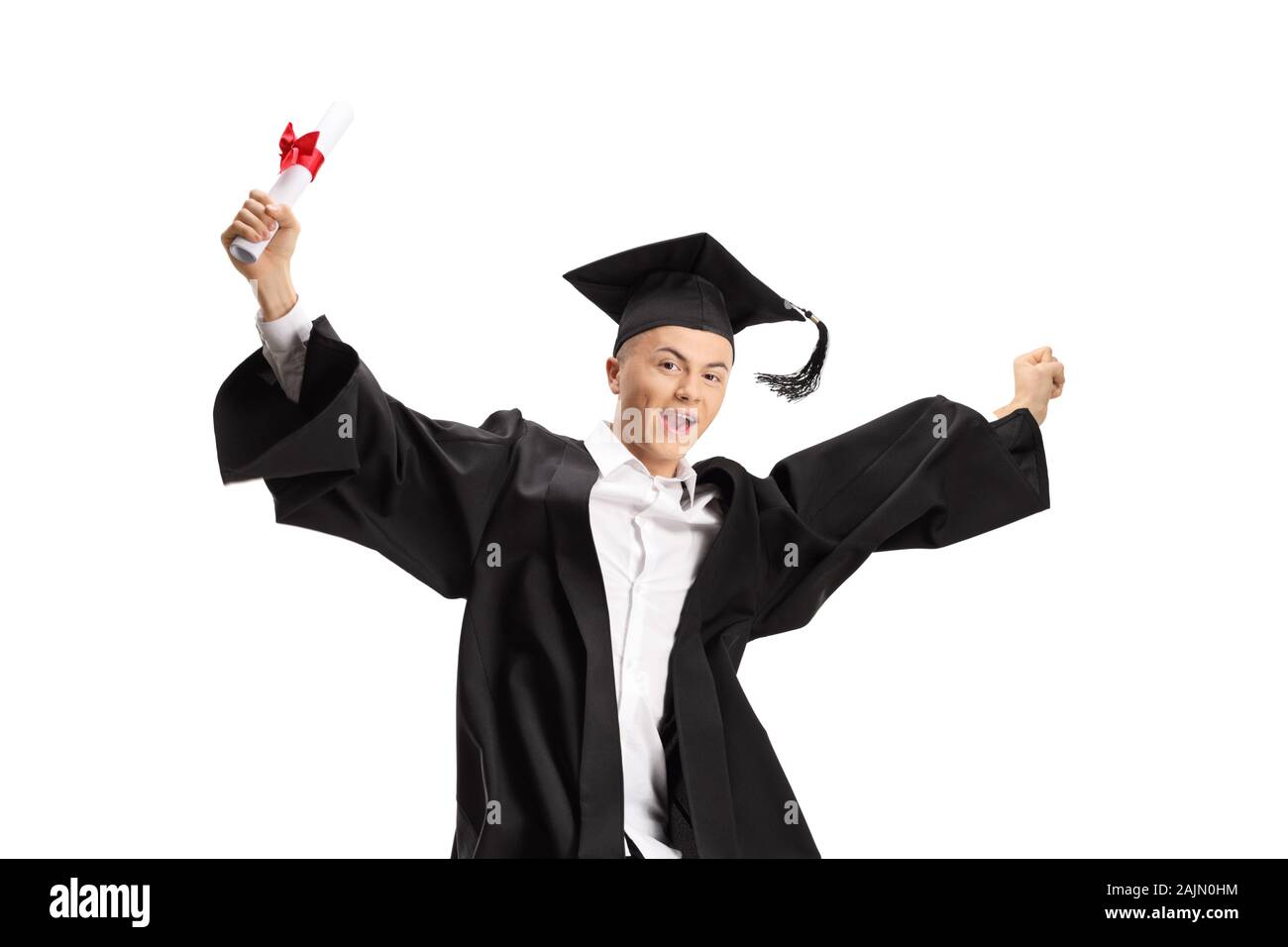 Happy male graduate student with a diploma jumping isolated on white ...