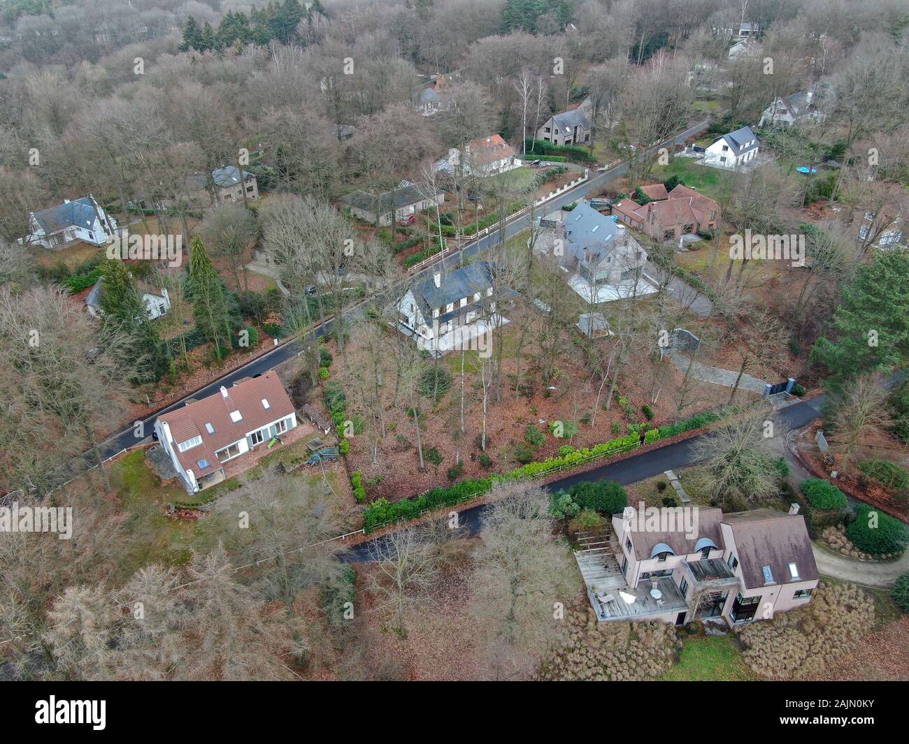 Aerial view of big villas with garden surrounded by forest during winte ...