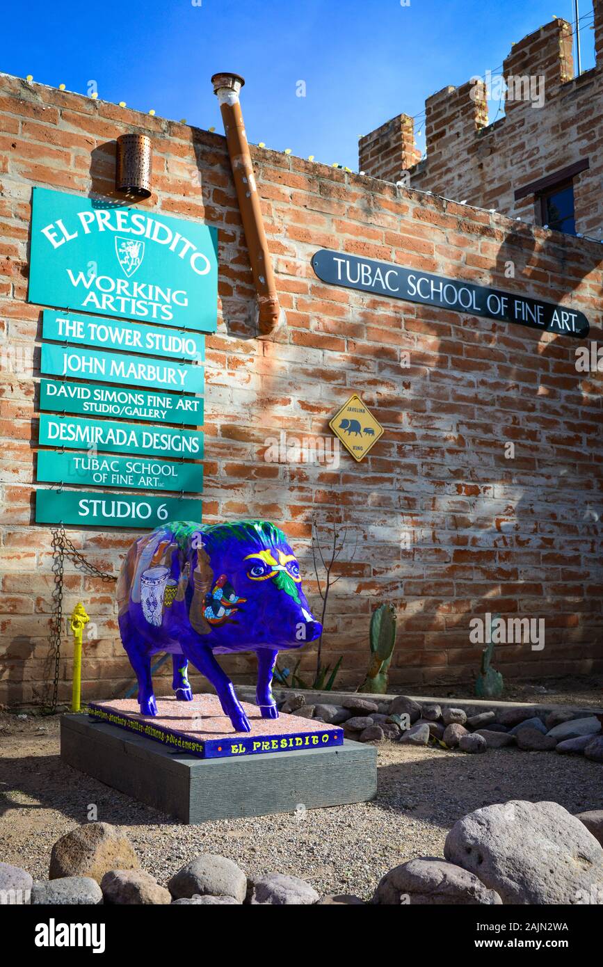 A blue and colorful Javelina sculpture by local artist at the El ...