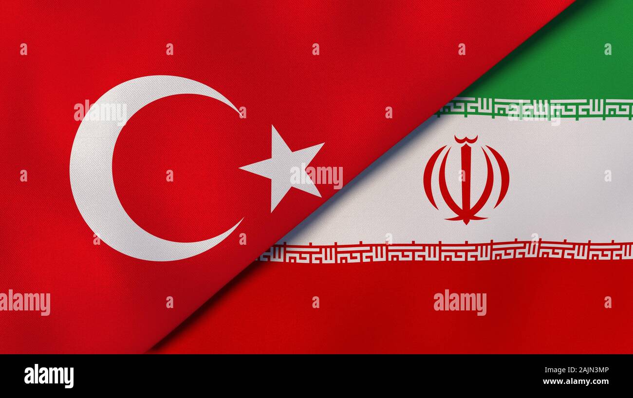 Turkey Iran national flags. News, reportage, business background. 3D ...