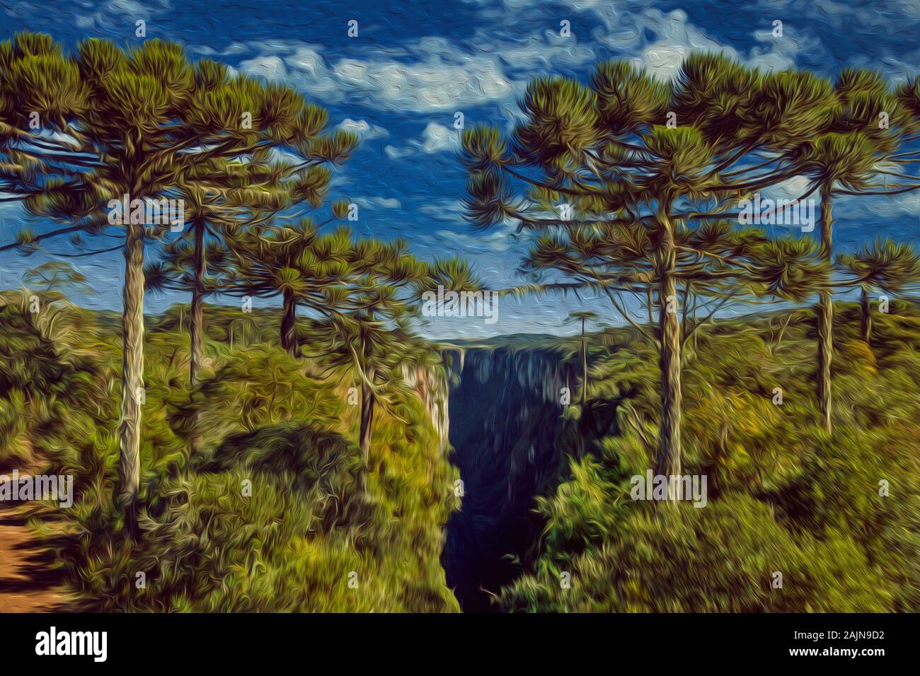 Itaimbezinho Canyon with rocky cliffs covered by forest near Cambara do ...