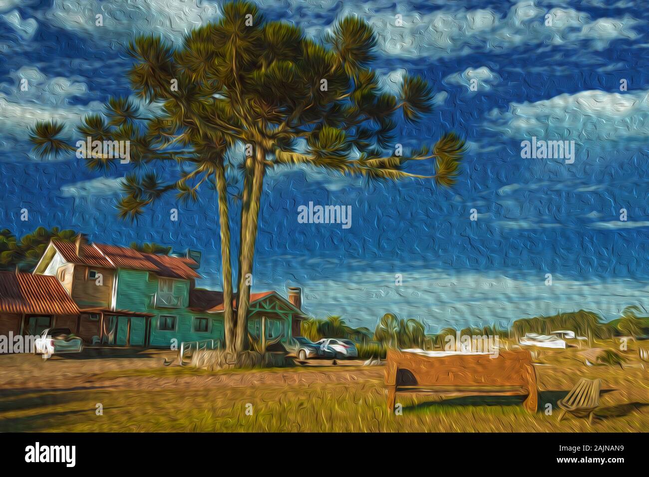 Wooden house from farmstead with pine trees and bench near Cambara do ...
