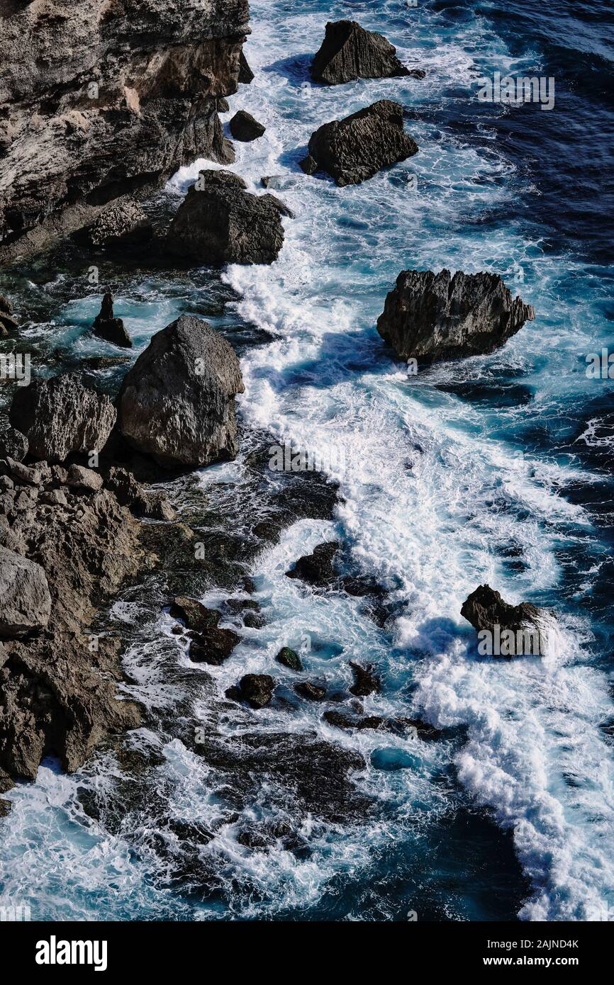 Aerial view to sea landscape, water with waves and rocks. Dramatic ...
