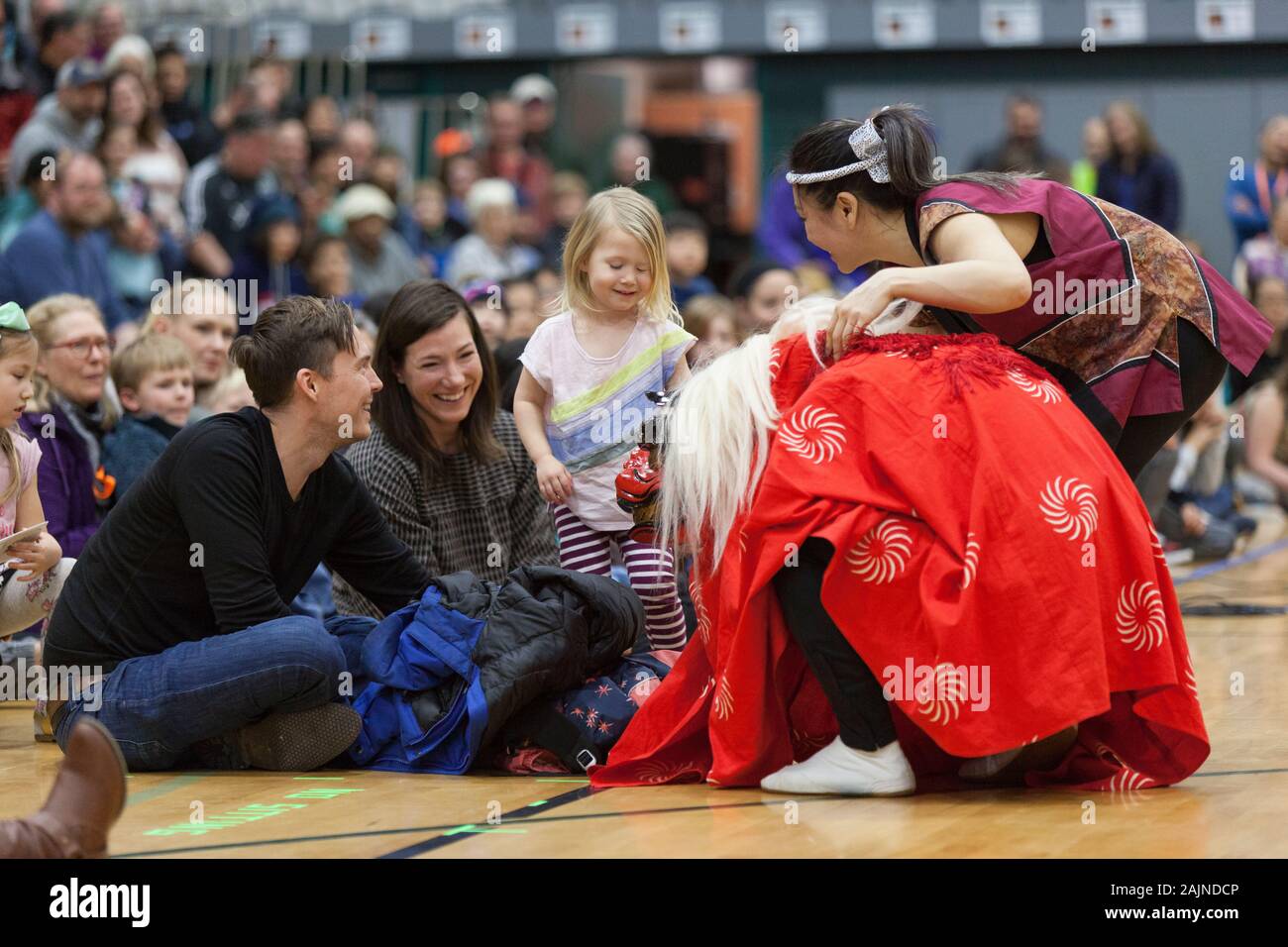 Members of Seattle Kokon Taiko perform a Lion Dance at the Mochi Tsuki ...