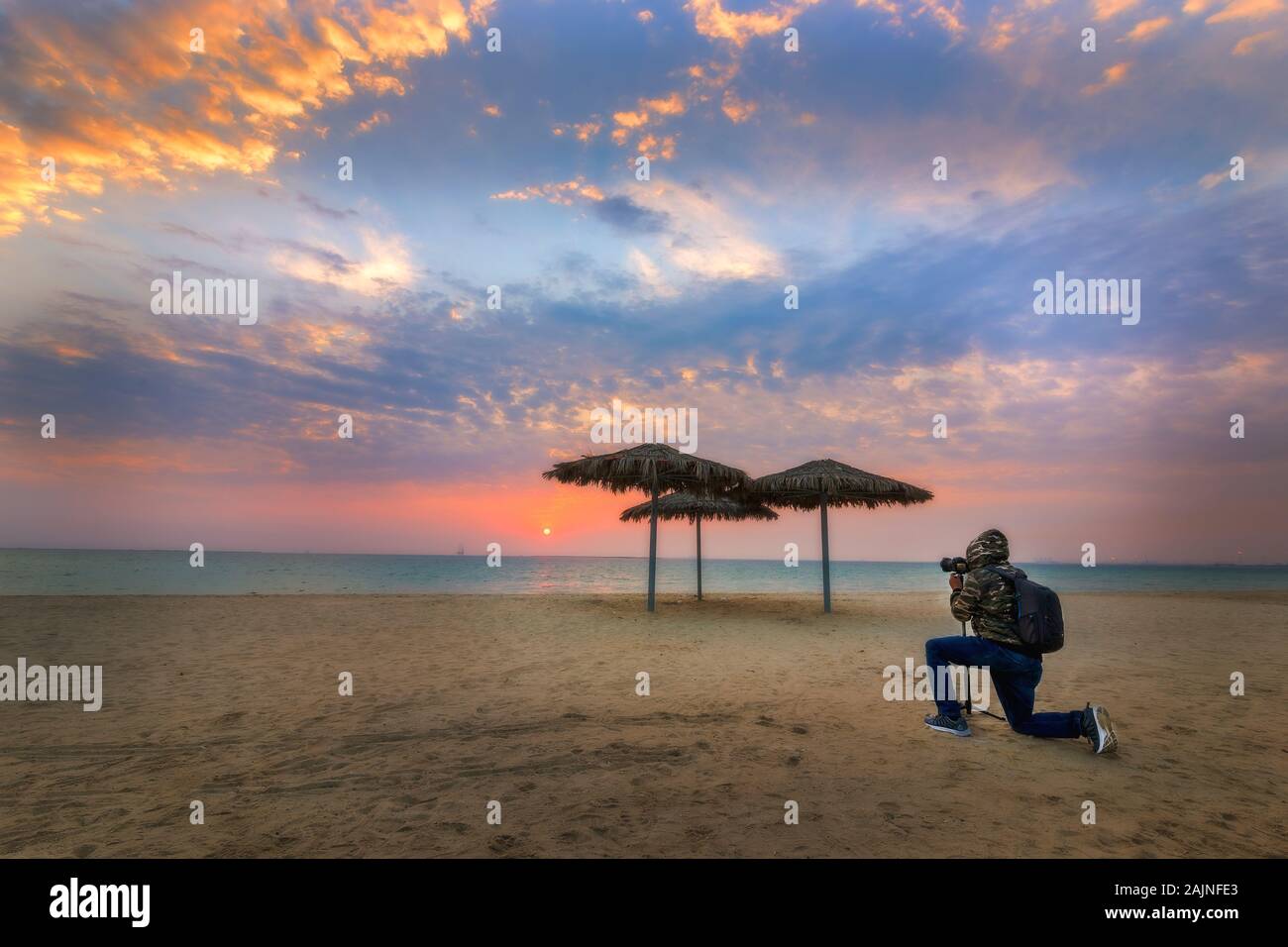Sunrise view in Fanateer beach at Al Jubail city Saudi Arabia Stock ...