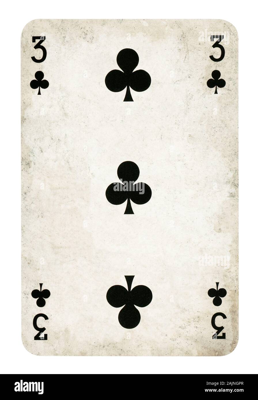 Three of Clubs Vintage playing card - isolated on white (clipping path ...