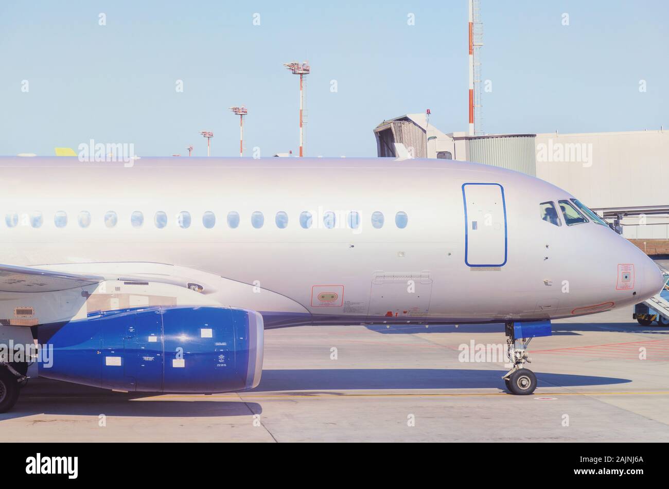 Side view of the nose of the aircraft at the airport. Airplane is ready ...
