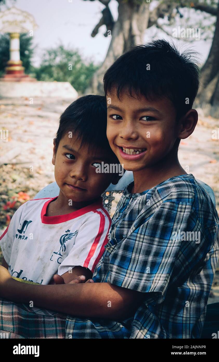 Bagan, Myanmar - Feb 21, 2016. Portrait of Burmese boys at village in ...