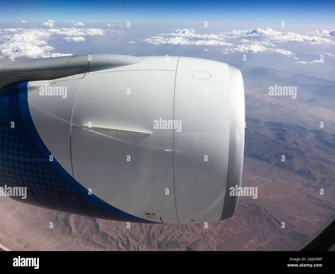 Turbojet engine of passenger airplane, view from airplane window Stock ...