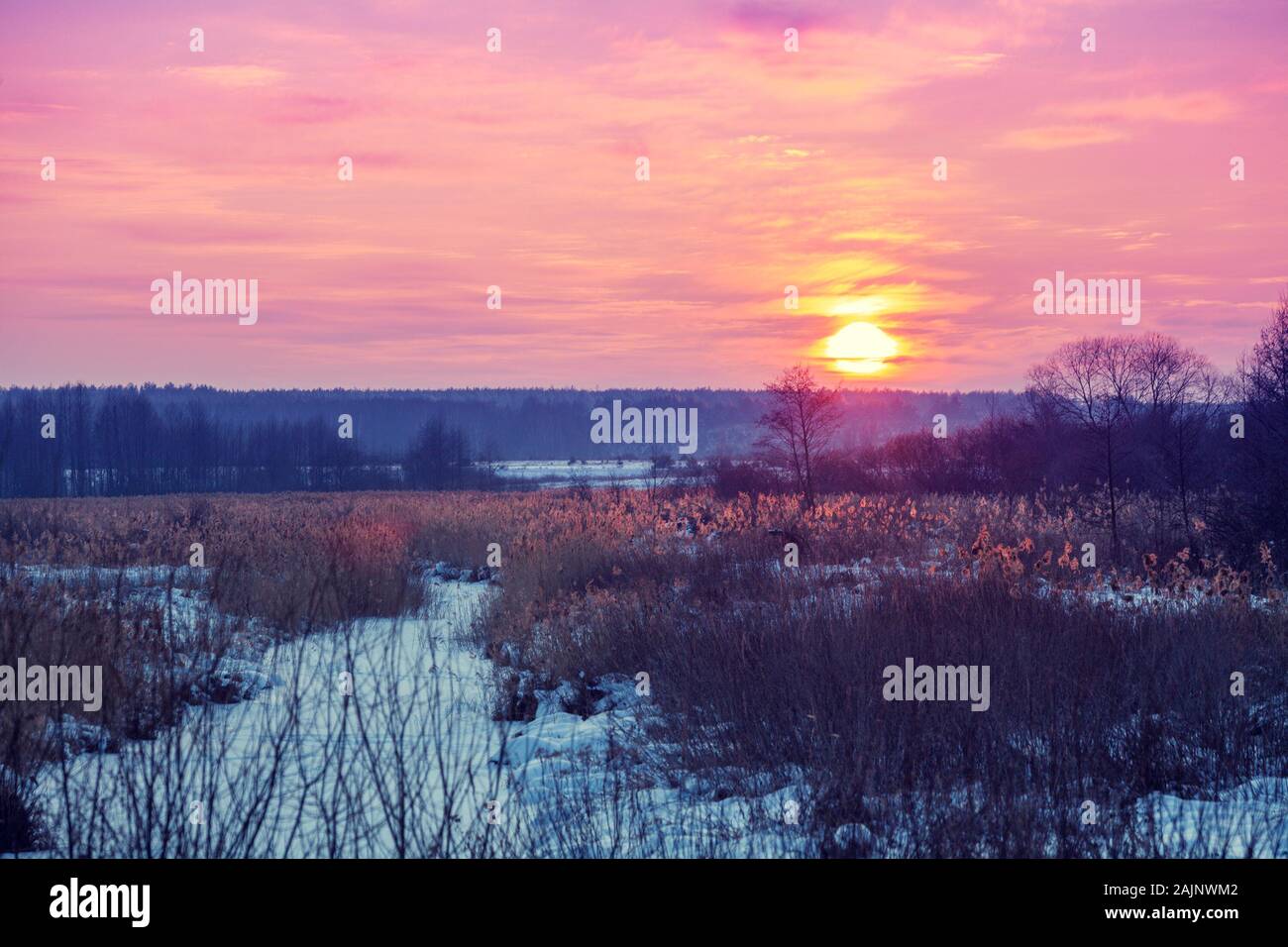 Winter landscape. Evening in the countryside. Sunset with beautiful ...