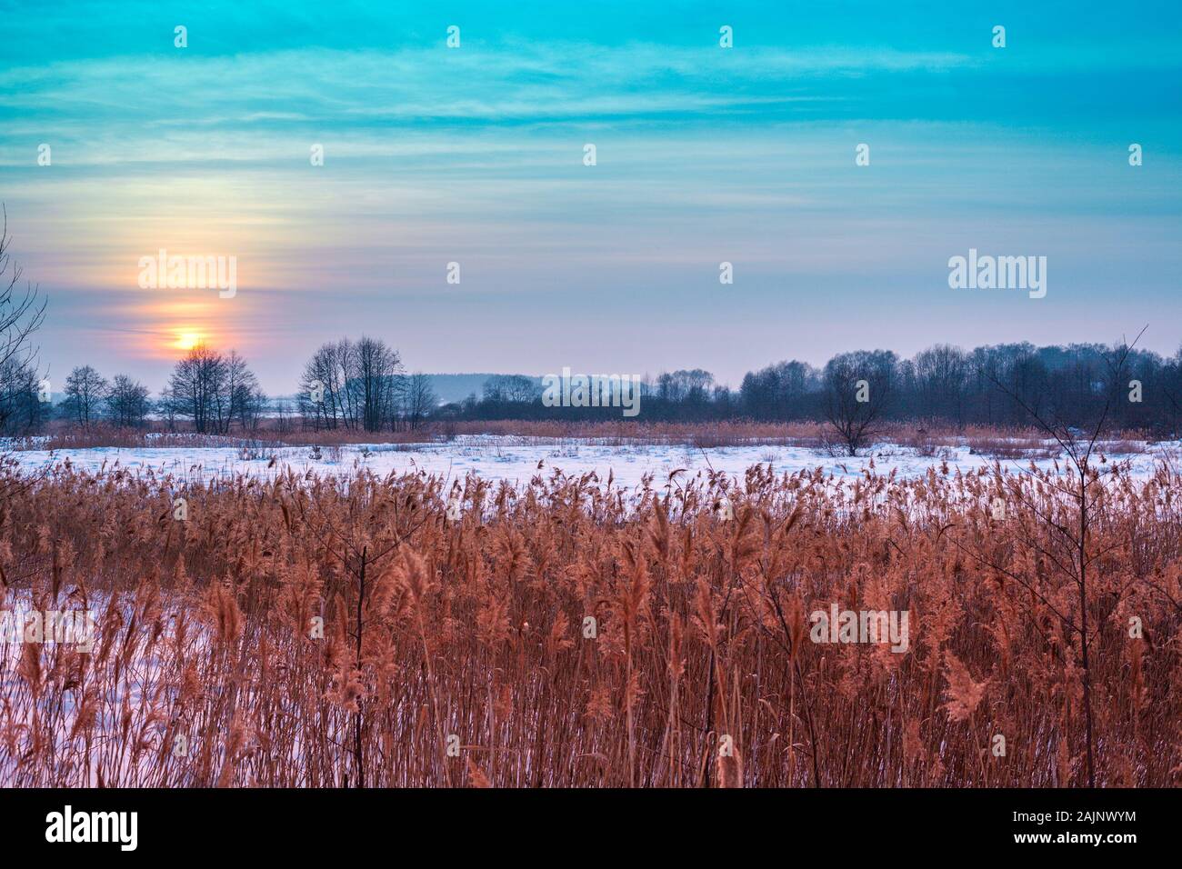 Winter landscape. Evening in the countryside. Sunset with beautiful ...