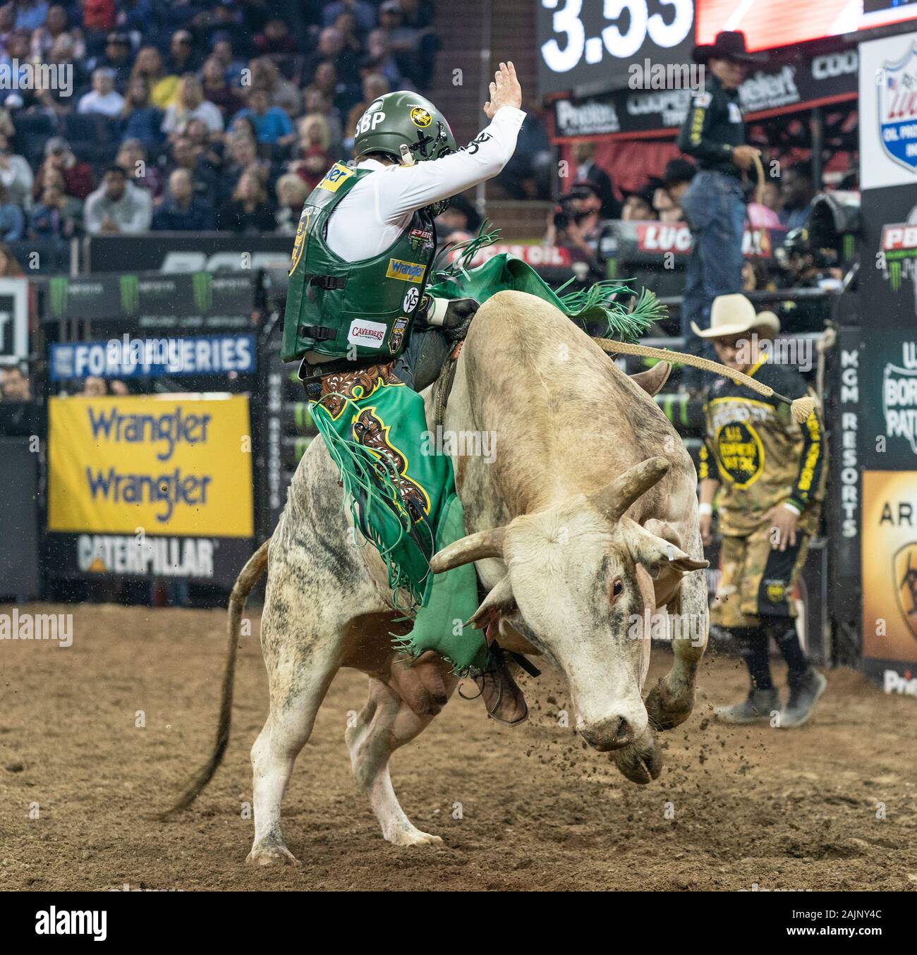 New York, USA. 04th Jan, 2020. Daylon Swearingen rides bull during ...