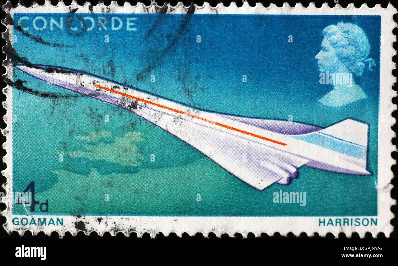 Airplane Concorde on old british stamp Stock Photo - Alamy
