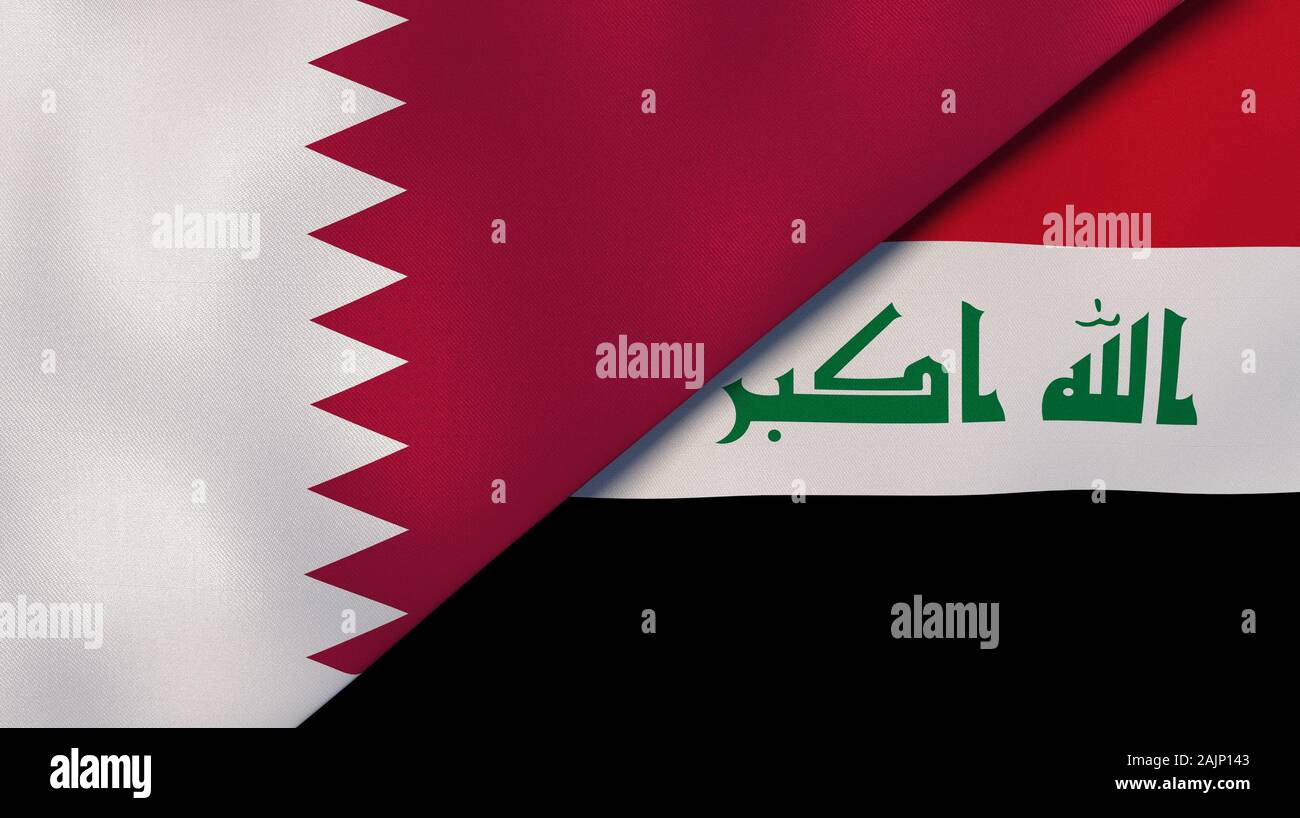 Qatar Iraq national flags. News, reportage, business background. 3D ...