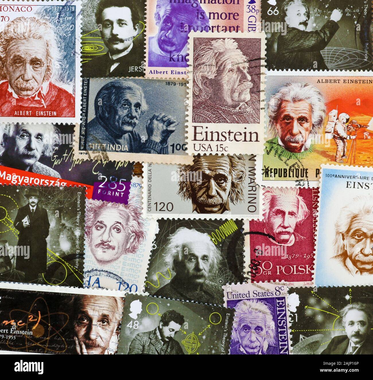Albert Einstein on several different postage stamps Stock Photo - Alamy