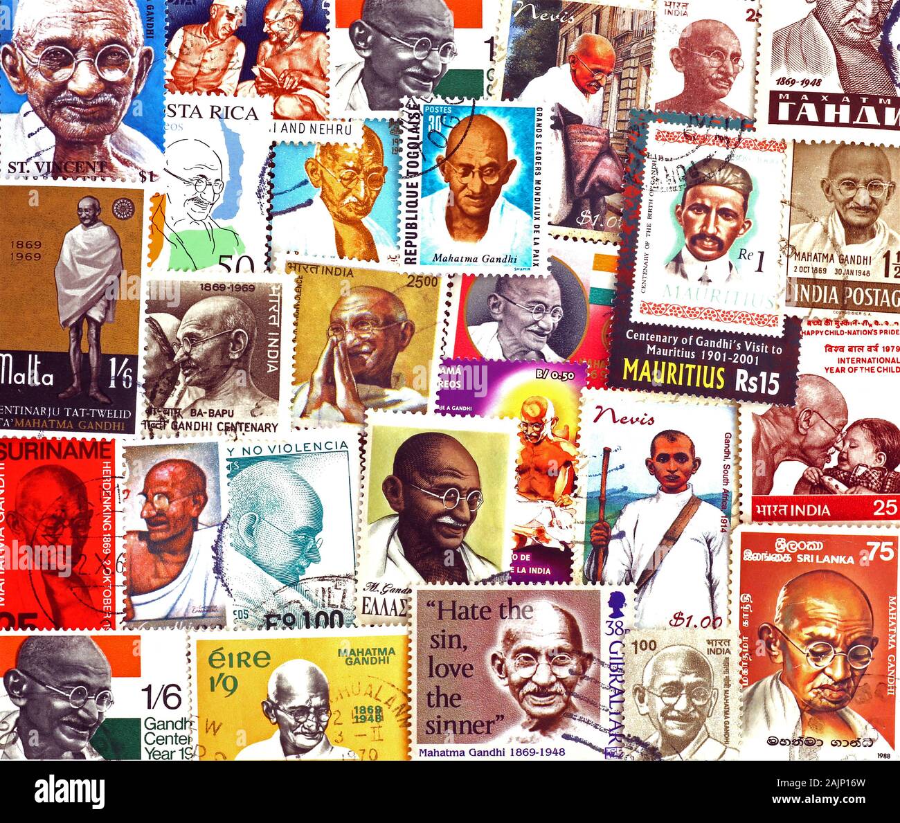 Mahatma Gandhi on several different postage stamp Stock Photo - Alamy