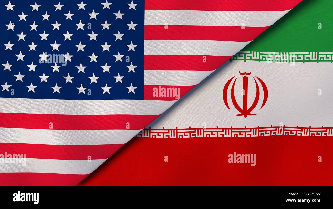 United States Iran national flags. News, reportage, business background ...