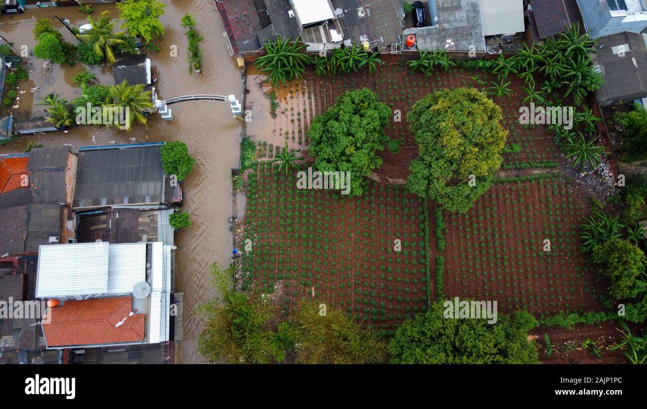 Aerial POV view Depiction of flooding. devastation wrought after ...