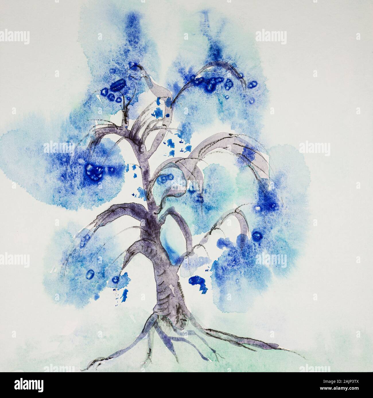 Minimalistic Chinese blue tree. The dabbing technique near the edges ...