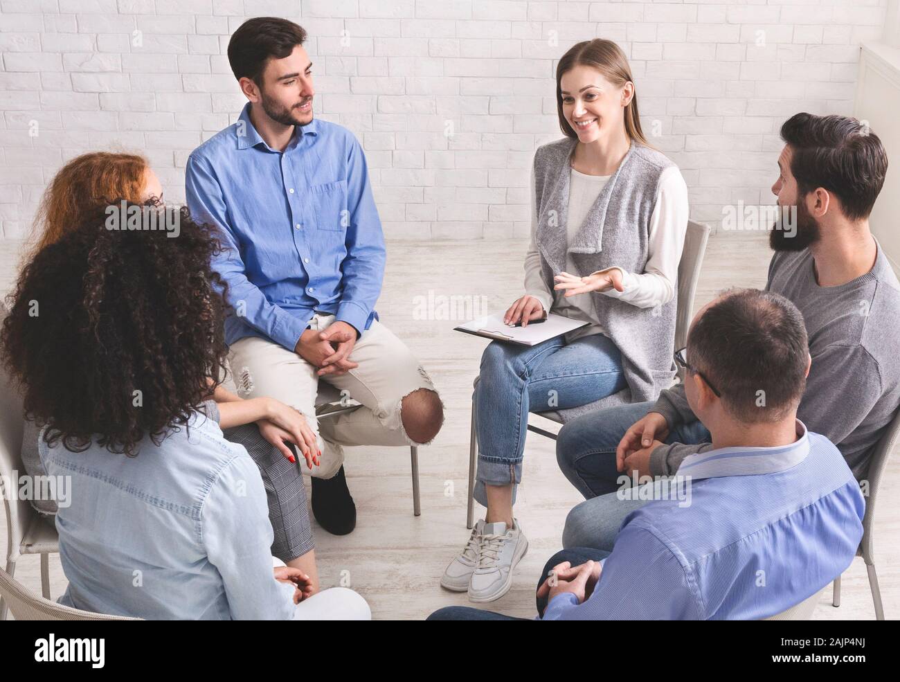 First rehab meeting. Psychotherapist talking with patients of support ...