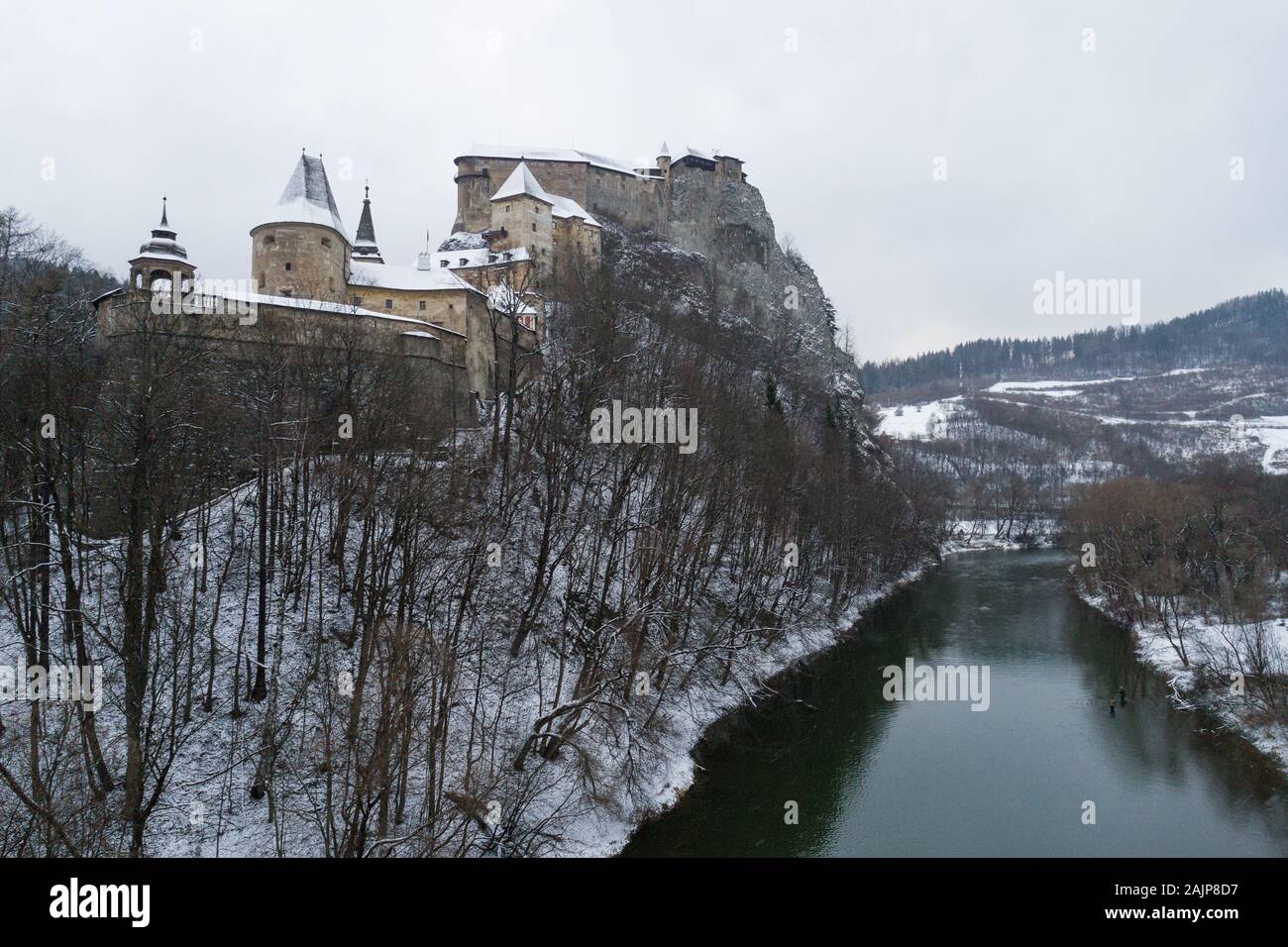 Aerial view of Orava Castle in winter, Oravsky Podzamok, Slovakia Stock ...