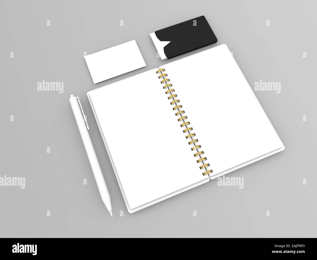 Notepad, business cards and pen on a gray background. 3d render ...