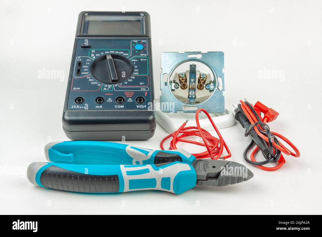 Tool for repairing the outlet. Side cutter, socket, wire Stock Photo ...