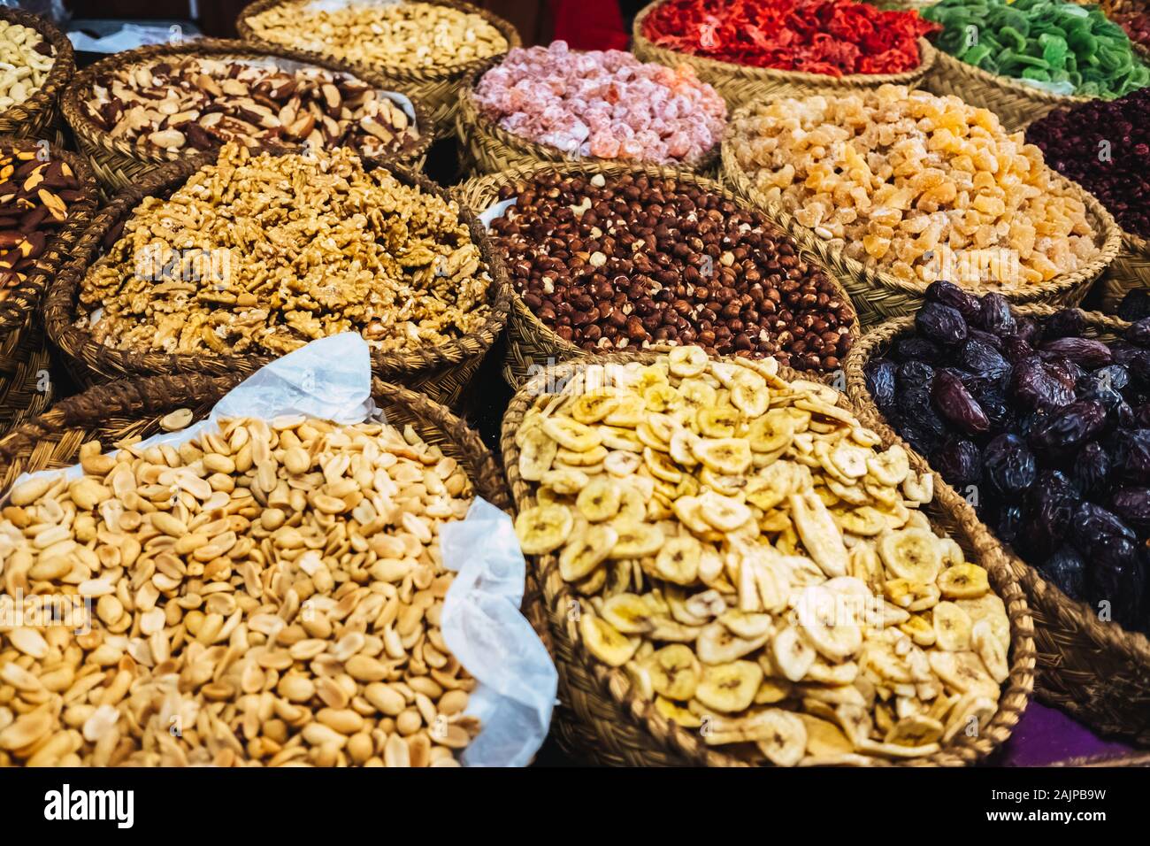 Baskets full of various heart-healthy nuts Stock Photo - Alamy