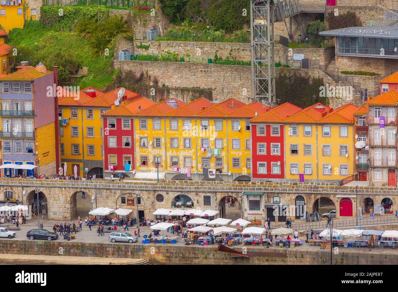 Porto, Portugal - April 1. 2018: Old town ribeira aerial promenade view ...