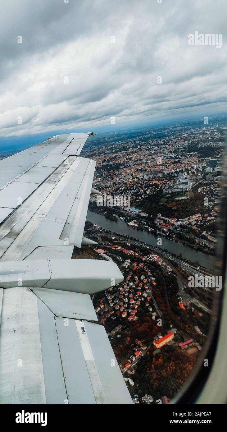 View of Prague from the window of the aircraft - vertical photo Stock ...