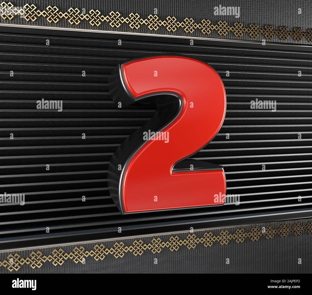 Red number 2 (number two) with golden symbols endless knot. 3D ...