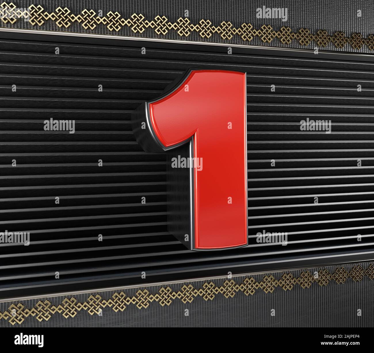 Red number 1 (number one) with golden symbols endless knot. 3D ...