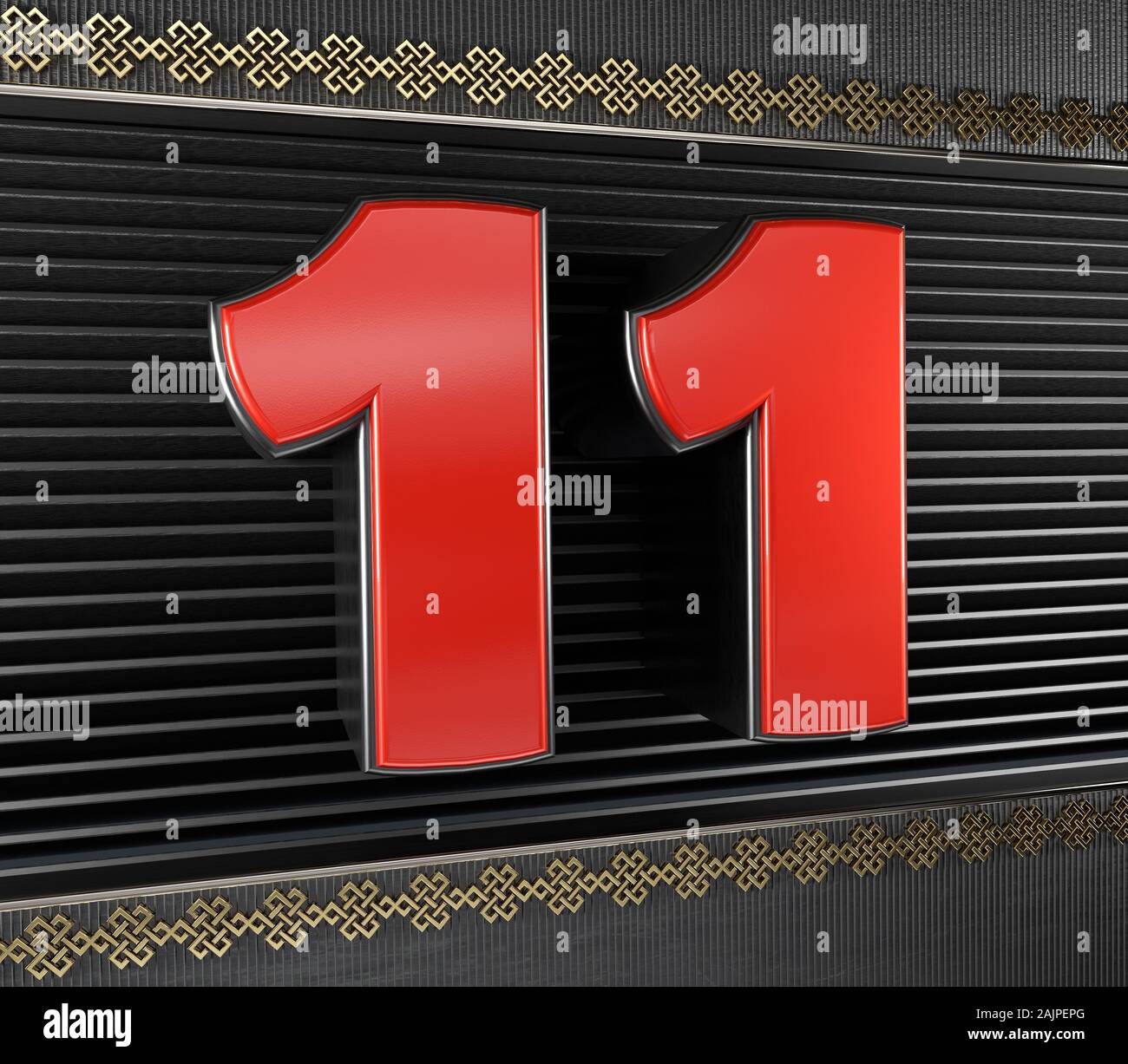 Red number 11 (number eleven) with golden symbols endless knot. 3D ...