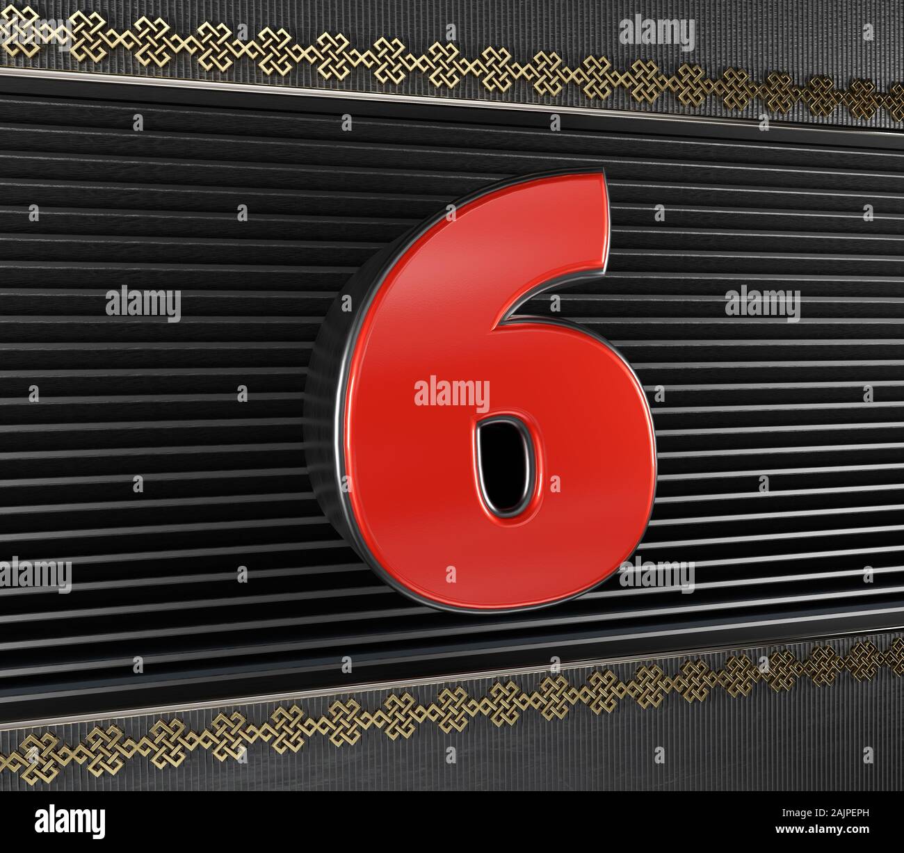Red number 6 (number six) with golden symbols endless knot. 3D ...