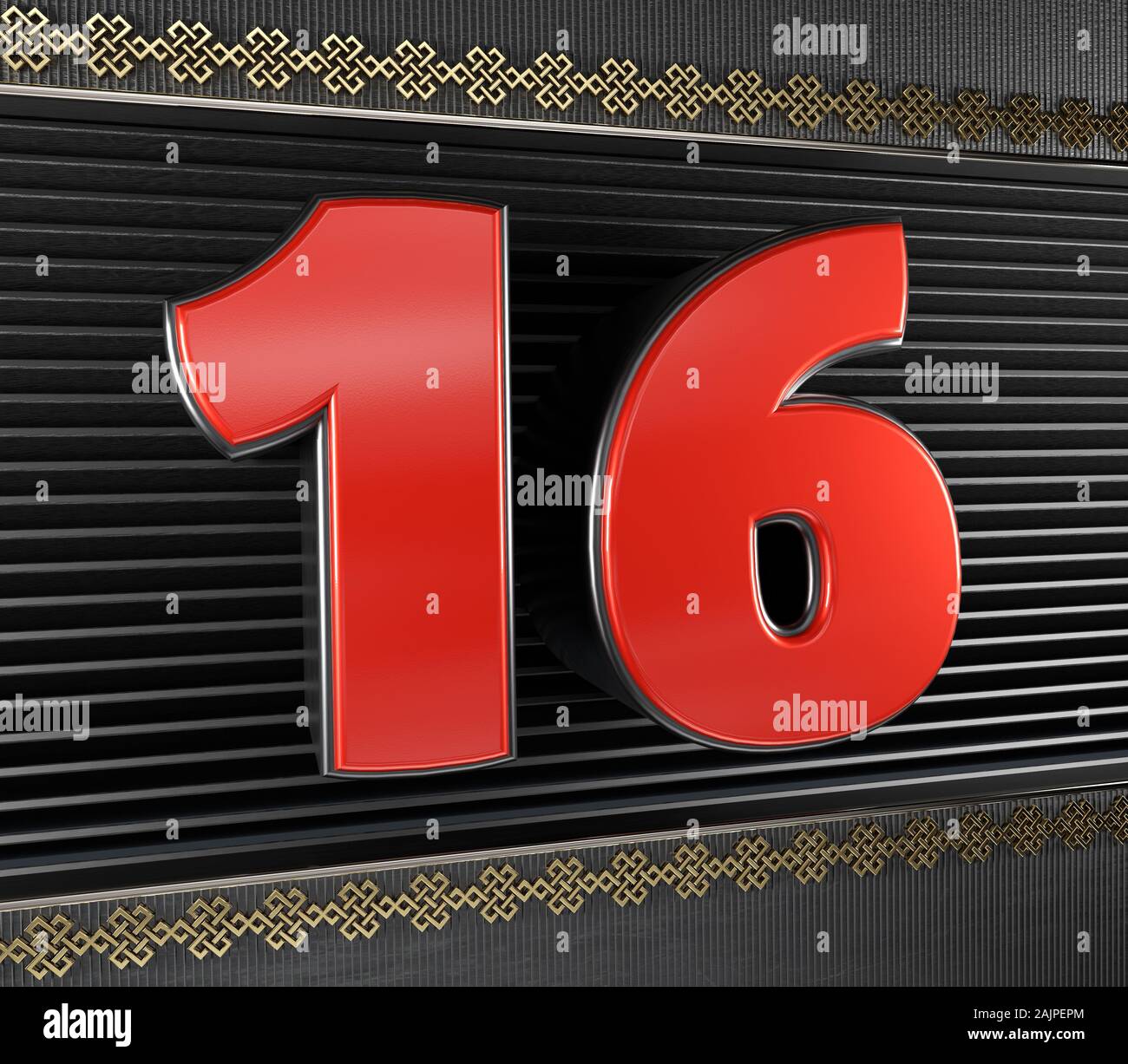 Red number 16 (number sixteen) with golden symbols endless knot. 3D ...
