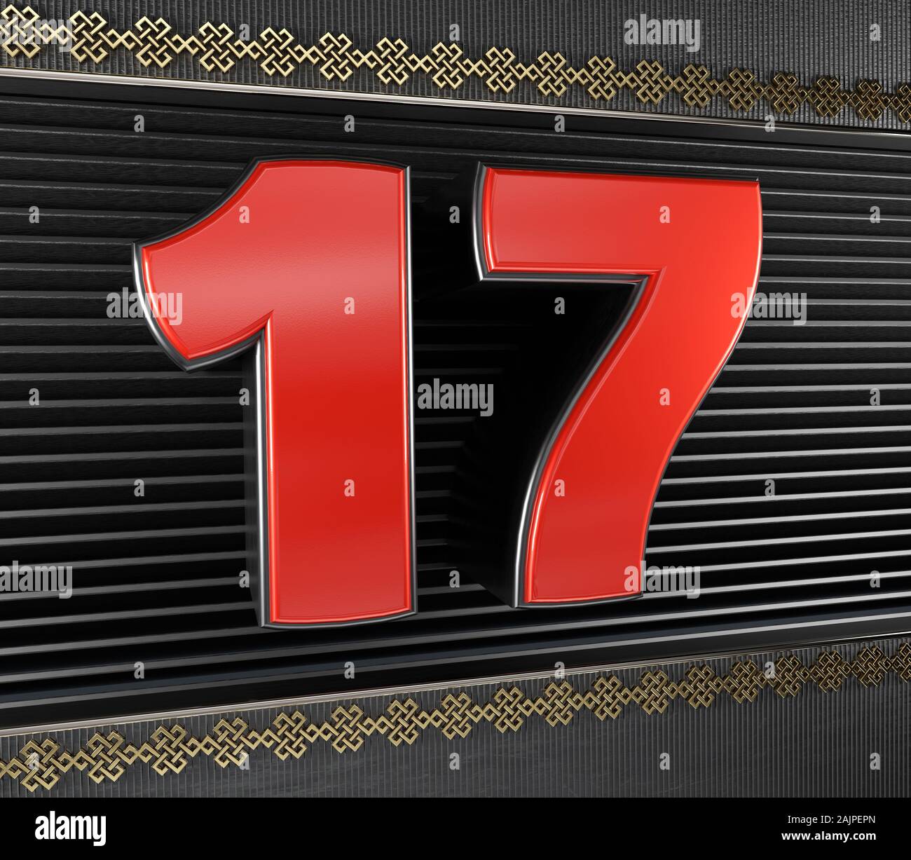 Red number 17 (number seventeen) with golden symbols endless knot. 3D ...